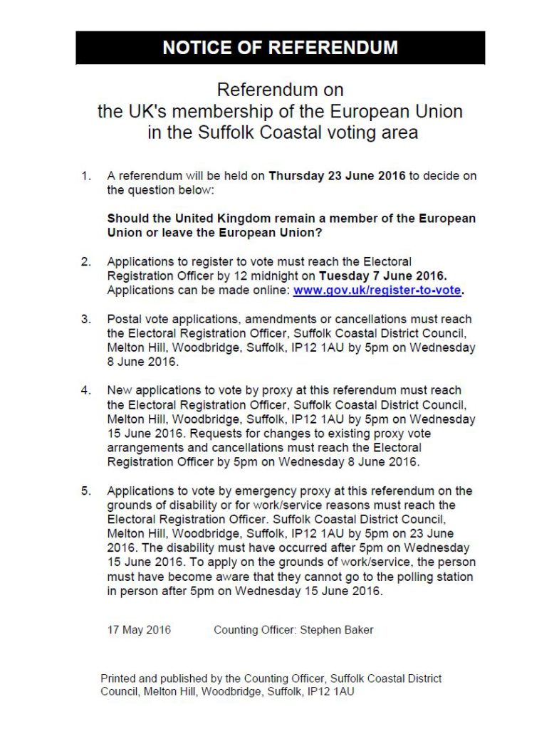 Notice of EU Referendum: 23 June 2016 - Felixstowe Town Council